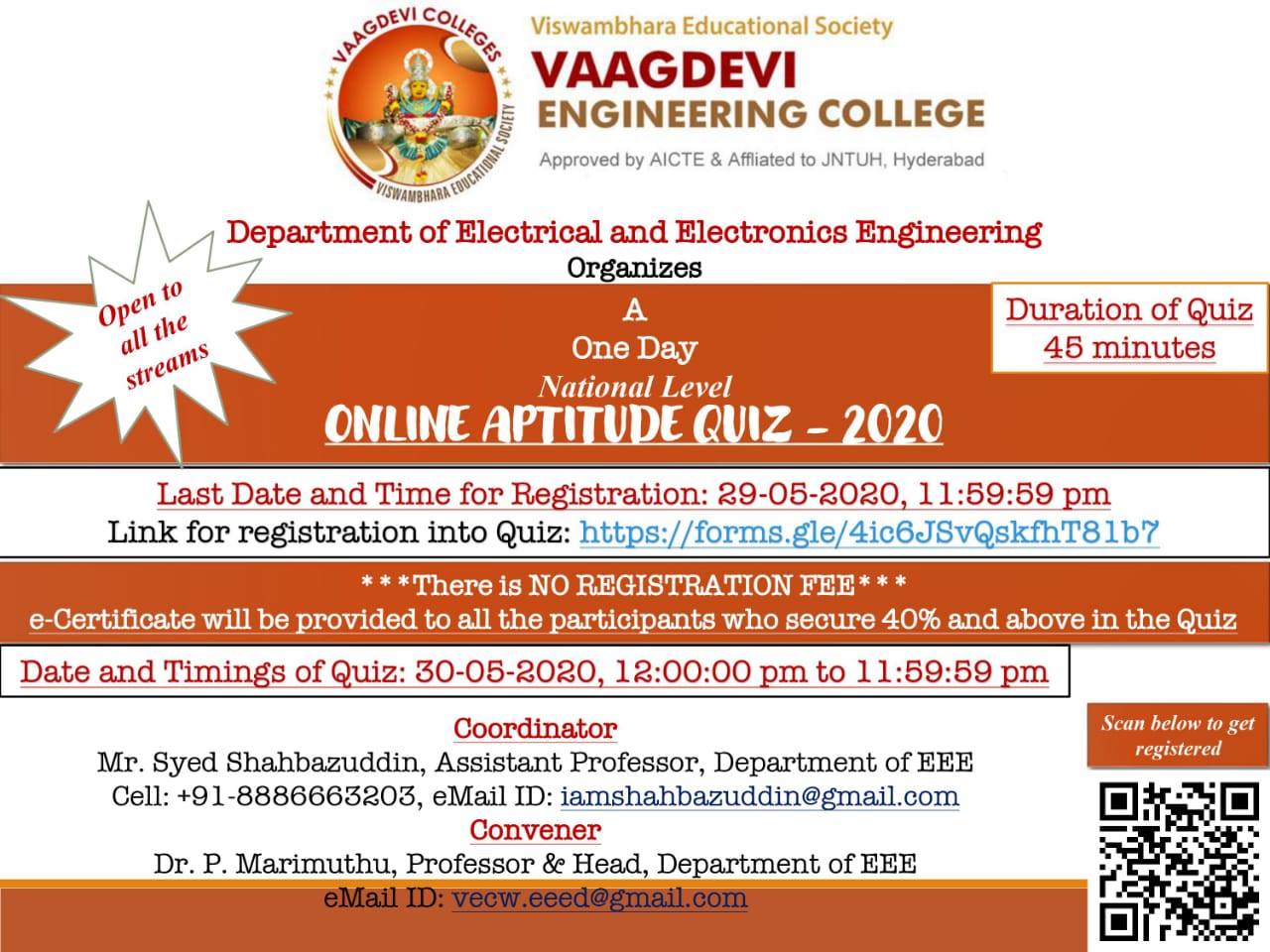 A One Day National Level Online Aptitude Quiz-2020 | Vaagdevi Engineering College