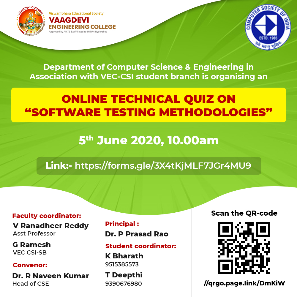 Online technical quiz on "Software Testing Methodologies" on 5th June ...