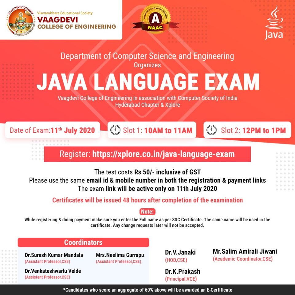Java Language Exam | Vaagdevi Engineering College
