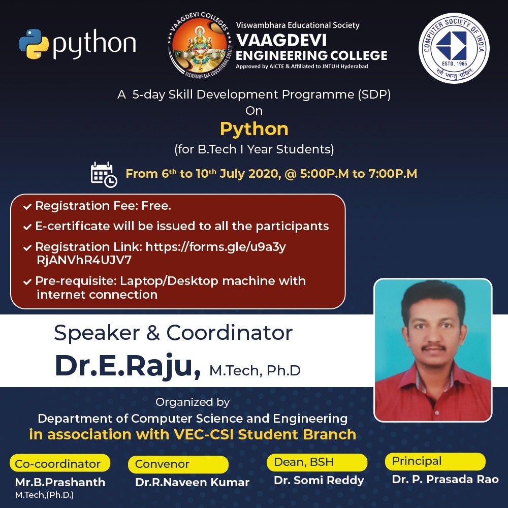 A 5-Day SDP on Python by Department of CSE | Vaagdevi Engineering College